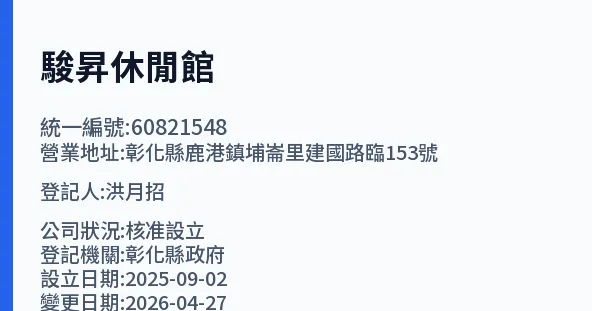 駿昇休閒館的照片-統編 60821548(彰化縣) 公司登記資料與營業項目詳細圖表