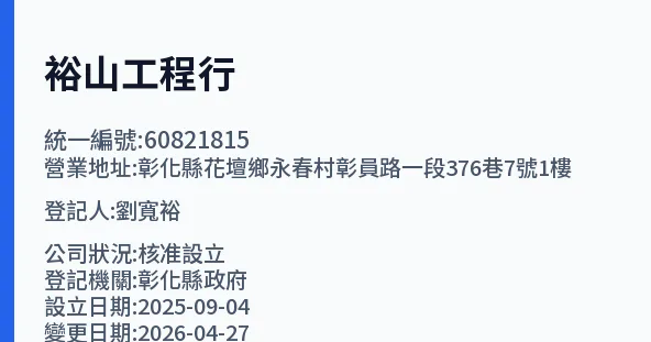 裕山工程行的照片-統編 60821815(彰化縣) 公司登記資料與營業項目詳細圖表