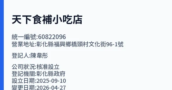 天下食補小吃店的照片-統編 60822096(彰化縣) 公司登記資料與營業項目詳細圖表