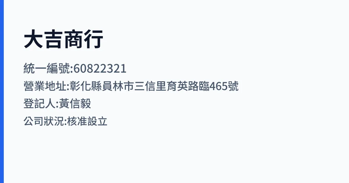 大吉商行 - 統編 60822321(彰化縣) 公司登記資料與營業項目詳細圖表
