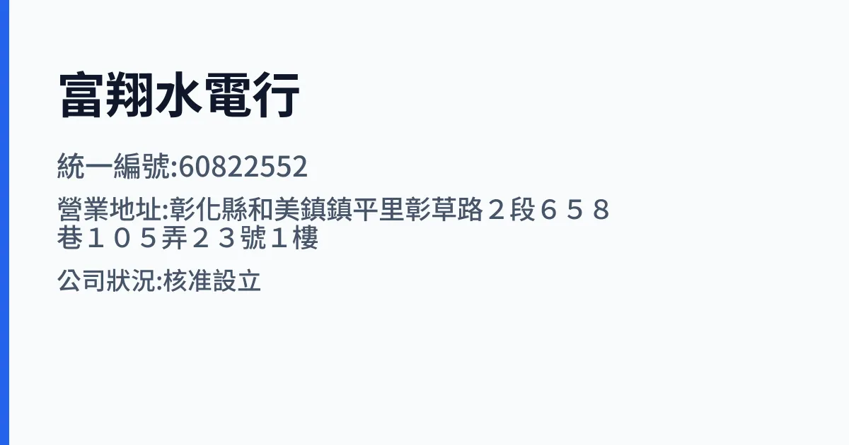 富翔水電行 - 統編 60822552(彰化縣) 公司登記資料與營業項目詳細圖表