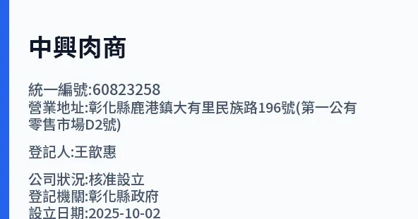中興肉商的照片-統編 60823258(彰化縣) 公司登記資料與營業項目詳細圖表