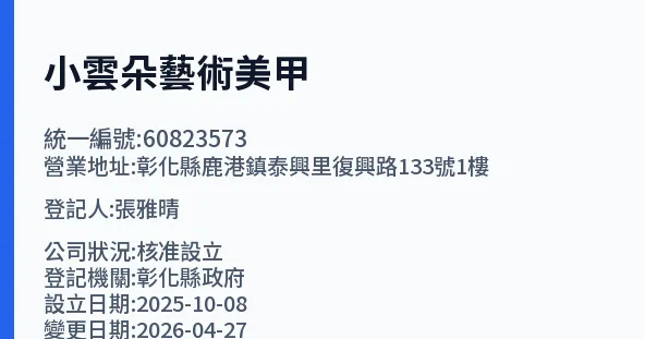 小雲朵藝術美甲的照片-統編 60823573(彰化縣) 公司登記資料與營業項目詳細圖表
