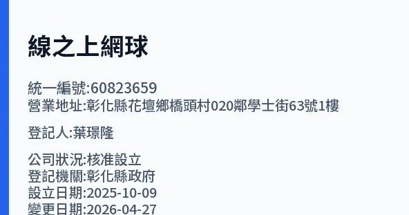 線之上網球的照片-統編 60823659(彰化縣) 公司登記資料與營業項目詳細圖表