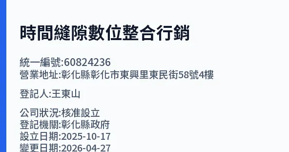 時間縫隙數位整合行銷的照片-統編 60824236(彰化縣) 公司登記資料與營業項目詳細圖表