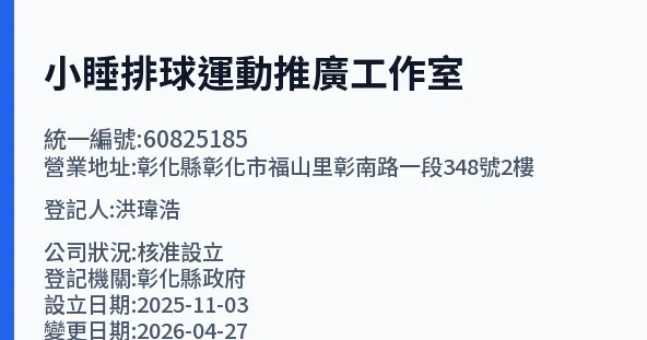 小睡排球運動推廣工作室的照片-統編 60825185(彰化縣) 公司登記資料與營業項目詳細圖表