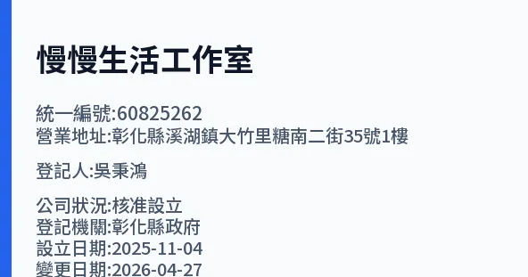 慢慢生活工作室的照片-統編 60825262(彰化縣) 公司登記資料與營業項目詳細圖表