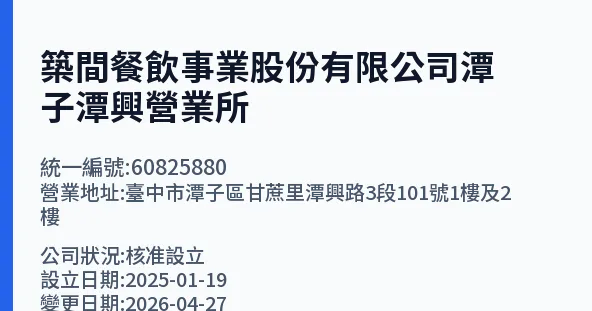築間餐飲事業股份有限公司潭子潭興營業所的照片-統編 60825880(臺中市) 公司登記資料與營業項目詳細圖表