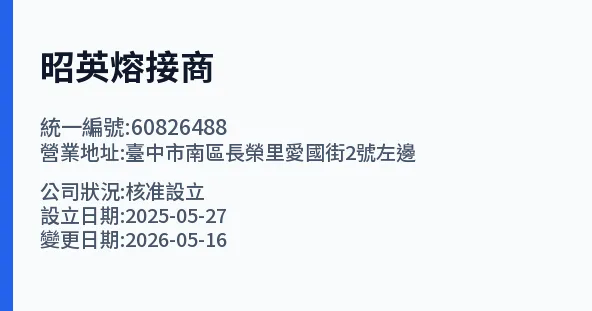 昭英熔接商的照片-統編 60826488(臺中市) 公司登記資料與營業項目詳細圖表