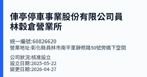 俥亭停車事業股份有限公司員林穀倉營業所的照片-統編 60826620(彰化縣) 公司登記資料與營業項目詳細圖表