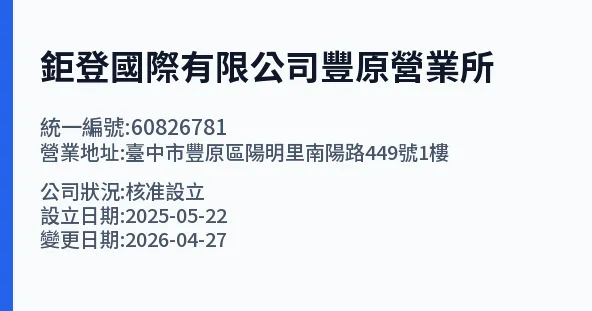 鉅登國際有限公司豐原營業所的照片-統編 60826781(臺中市) 公司登記資料與營業項目詳細圖表