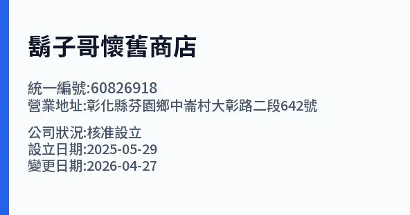 鬍子哥懷舊商店的照片-統編 60826918(彰化縣) 公司登記資料與營業項目詳細圖表