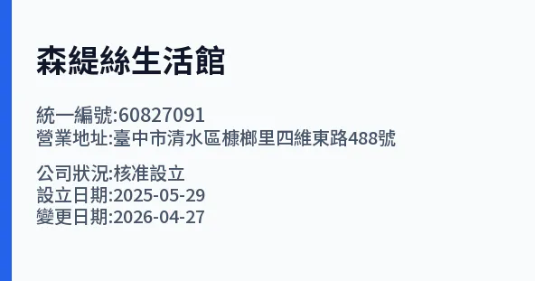 森緹絲生活館的照片-統編 60827091(臺中市) 公司登記資料與營業項目詳細圖表