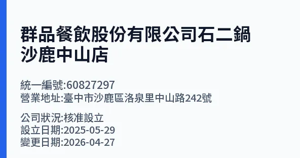 群品餐飲股份有限公司石二鍋沙鹿中山店的照片-統編 60827297(臺中市) 公司登記資料與營業項目詳細圖表