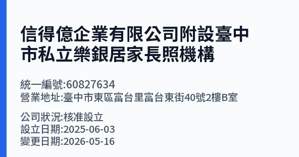 信得億企業有限公司附設臺中市私立樂銀居家長照機構的照片-統編 60827634(臺中市) 公司登記資料與營業項目詳細圖表