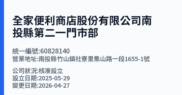 全家便利商店股份有限公司南投縣第二一門市部的照片-統編 60828140(南投縣) 公司登記資料與營業項目詳細圖表
