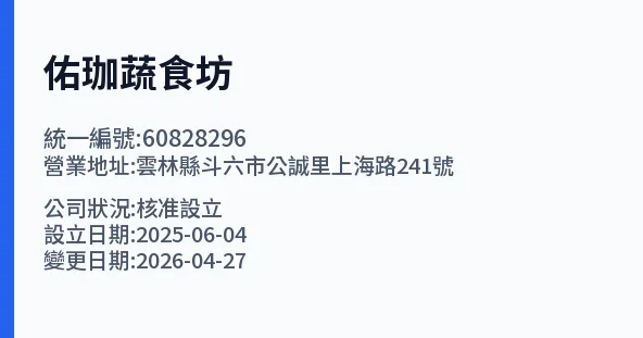 佑珈蔬食坊的照片-統編 60828296(雲林縣) 公司登記資料與營業項目詳細圖表