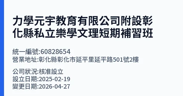 力學元宇教育有限公司附設彰化縣私立樂學文理短期補習班的照片-統編 60828654(彰化縣) 公司登記資料與營業項目詳細圖表