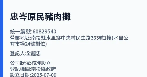 忠岑原民豬肉攤的照片-統編 60829540(南投縣) 公司登記資料與營業項目詳細圖表