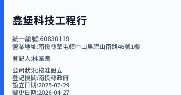鑫堡科技工程行的照片-統編 60830119(南投縣) 公司登記資料與營業項目詳細圖表
