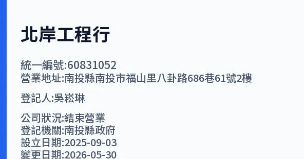 北岸工程行的照片-統編 60831052(南投縣) 公司登記資料與營業項目詳細圖表