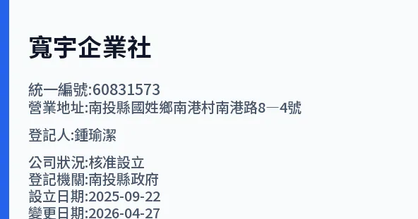 寬宇企業社的照片-統編 60831573(南投縣) 公司登記資料與營業項目詳細圖表