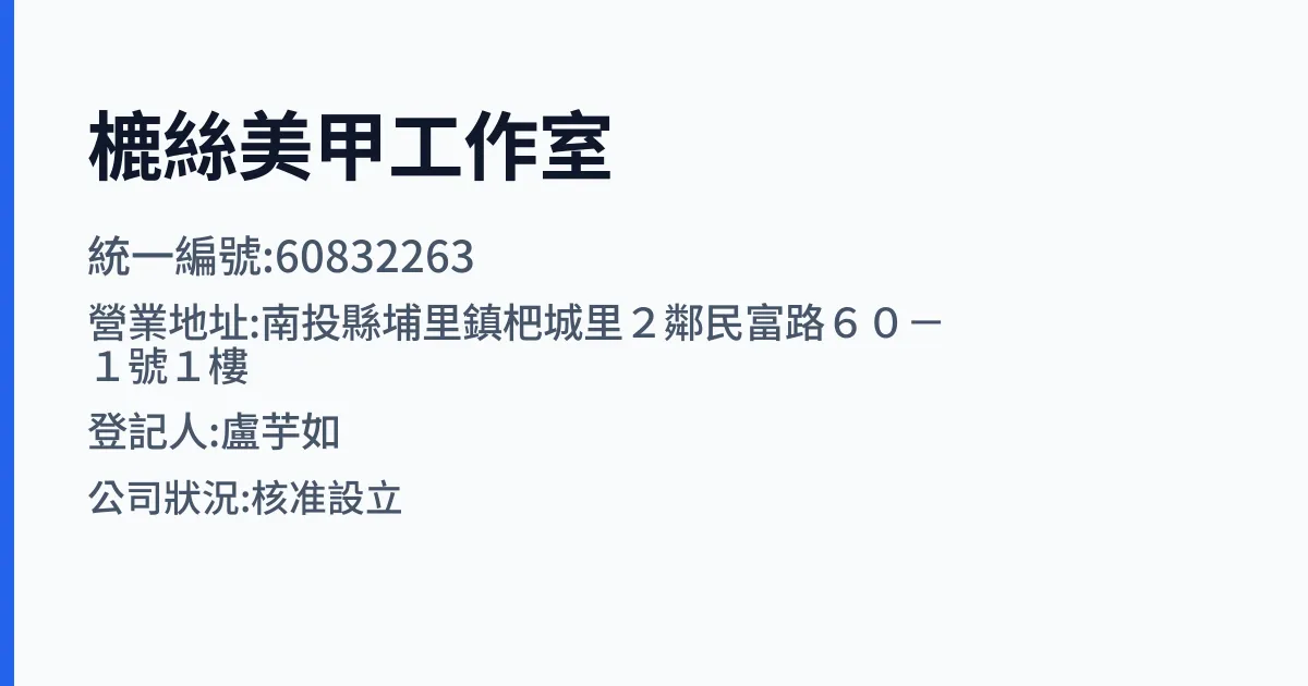 樚絲美甲工作室 - 統編 60832263(南投縣) 公司登記資料與營業項目詳細圖表