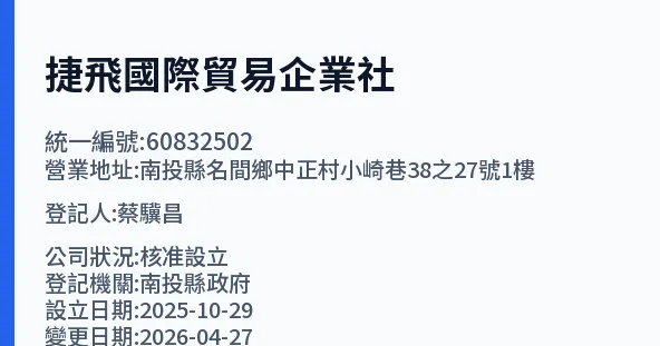 捷飛國際貿易企業社的照片-統編 60832502(南投縣) 公司登記資料與營業項目詳細圖表