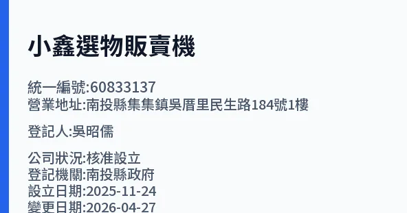 小鑫選物販賣機的照片-統編 60833137(南投縣) 公司登記資料與營業項目詳細圖表
