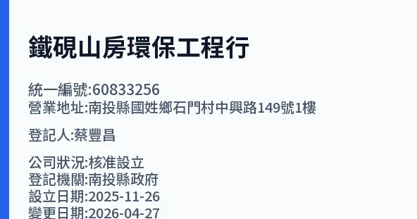 鐵硯山房環保工程行的照片-統編 60833256(南投縣) 公司登記資料與營業項目詳細圖表