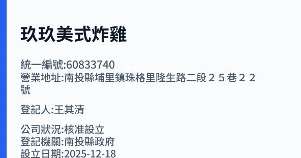 玖玖美式炸雞的照片-統編 60833740(南投縣) 公司登記資料與營業項目詳細圖表