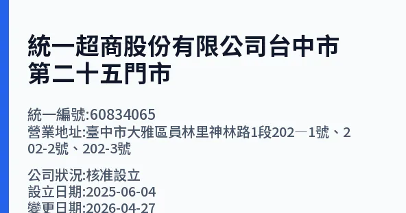 統一超商股份有限公司台中市第二十五門市的照片-統編 60834065(臺中市) 公司登記資料與營業項目詳細圖表
