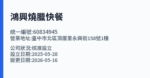 鴻興燒臘快餐的照片-統編 60834945(臺中市) 公司登記資料與營業項目詳細圖表
