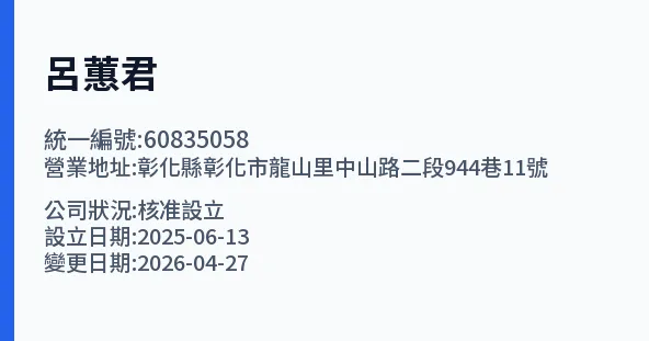 呂蕙君的照片-統編 60835058(彰化縣) 公司登記資料與營業項目詳細圖表