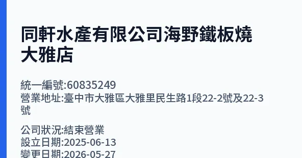 同軒水產有限公司海野鐵板燒大雅店的照片-統編 60835249(臺中市) 公司登記資料與營業項目詳細圖表