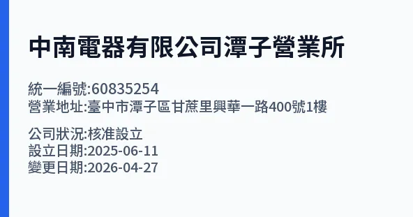 中南電器有限公司潭子營業所的照片-統編 60835254(臺中市) 公司登記資料與營業項目詳細圖表