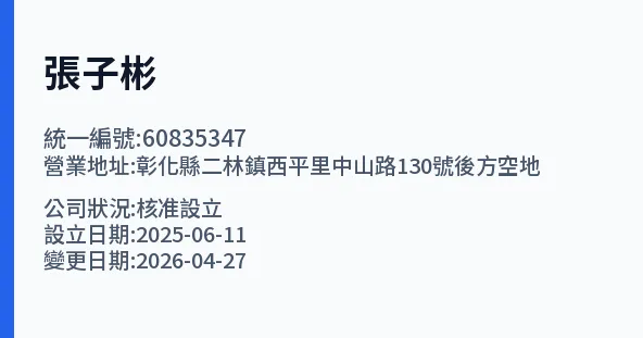 張子彬的照片-統編 60835347(彰化縣) 公司登記資料與營業項目詳細圖表
