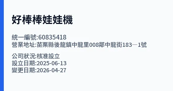 好棒棒娃娃機的照片-統編 60835418(苗栗縣) 公司登記資料與營業項目詳細圖表