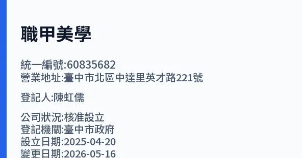 職甲美學的照片-統編 60835682(臺中市) 公司登記資料與營業項目詳細圖表