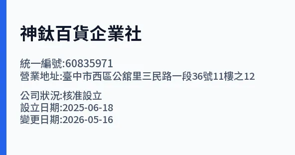 神鈦百貨企業社的照片-統編 60835971(臺中市) 公司登記資料與營業項目詳細圖表
