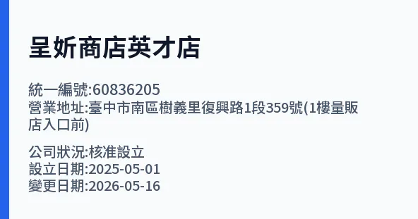 呈妡商店英才店的照片-統編 60836205(臺中市) 公司登記資料與營業項目詳細圖表