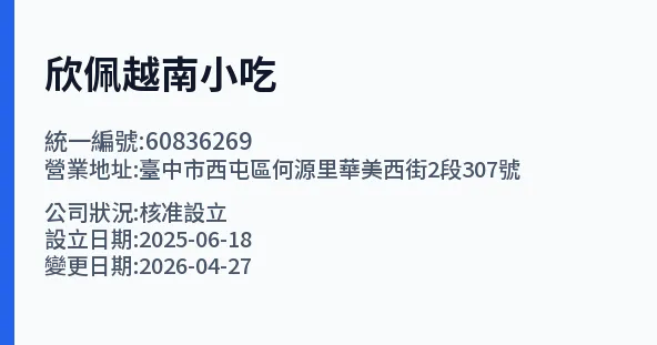 欣佩越南小吃的照片-統編 60836269(臺中市) 公司登記資料與營業項目詳細圖表