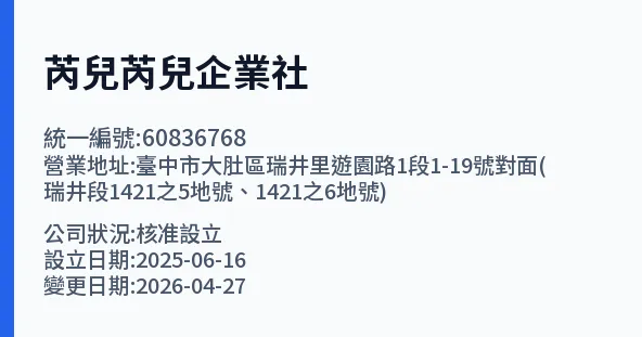 芮兒芮兒企業社的照片-統編 60836768(臺中市) 公司登記資料與營業項目詳細圖表