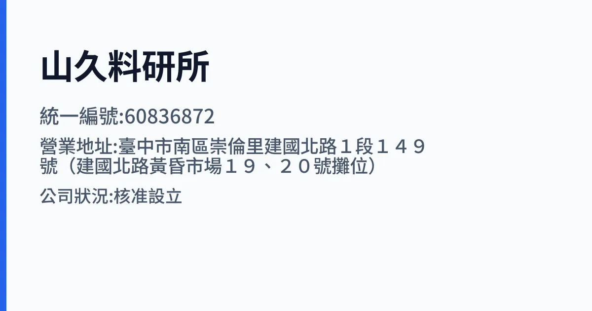 山久料研所 - 統編 60836872(臺中市) 公司登記資料與營業項目詳細圖表