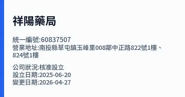 祥陽藥局的照片-統編 60837507(南投縣) 公司登記資料與營業項目詳細圖表