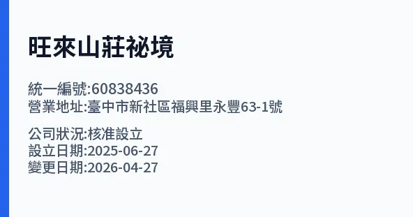 旺來山莊祕境的照片-統編 60838436(臺中市) 公司登記資料與營業項目詳細圖表