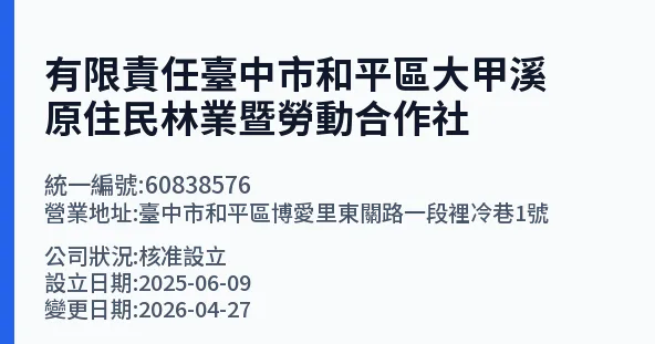 有限責任臺中市和平區大甲溪原住民林業暨勞動合作社的照片-統編 60838576(臺中市) 公司登記資料與營業項目詳細圖表