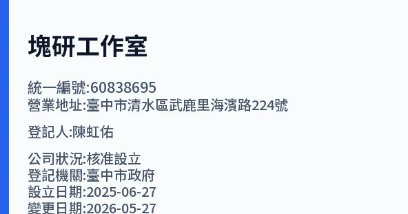 塊研工作室的照片-統編 60838695(臺中市) 公司登記資料與營業項目詳細圖表