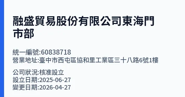融盛貿易股份有限公司東海門市部的照片-統編 60838718(臺中市) 公司登記資料與營業項目詳細圖表