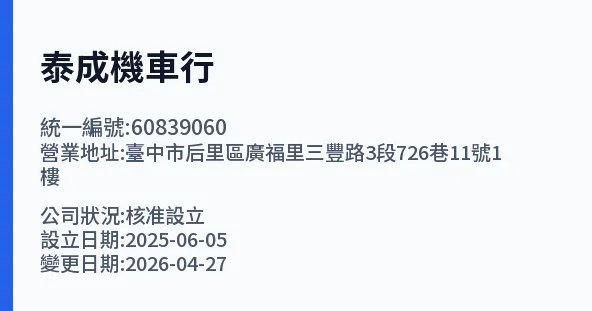 泰成機車行的照片-統編 60839060(臺中市) 公司登記資料與營業項目詳細圖表